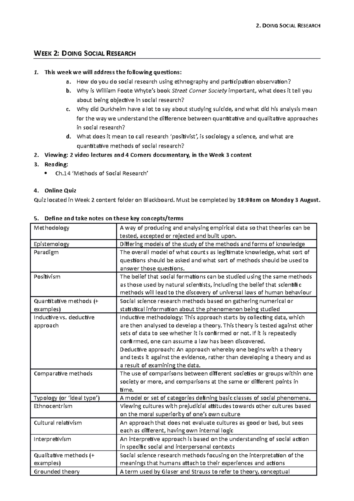 Tutorial work - week 2-12, worksheets - 2. DOING SOCIAL RESEARCH WEEK 2 ...