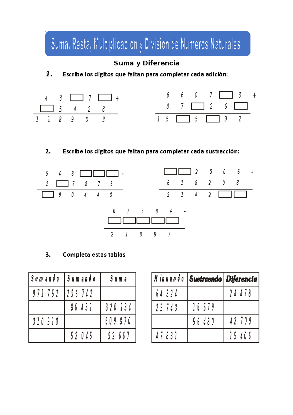 Ejercicios de Suma Resta Multiplicacion y Division de Numeros Naturales ...