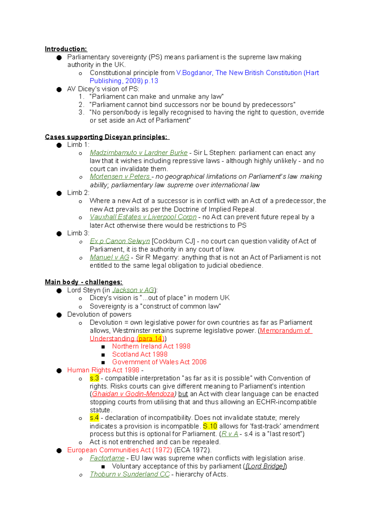 Law and guidelines Notes - Introduction: Parliamentary sovereignty (PS ...