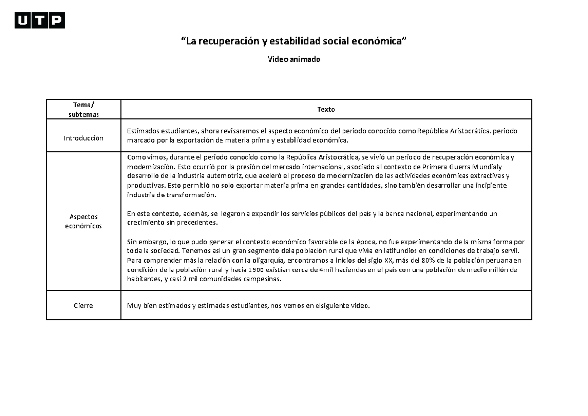 Semana 03 - Audio - Recuperación y estabilidad social económica - “La ...