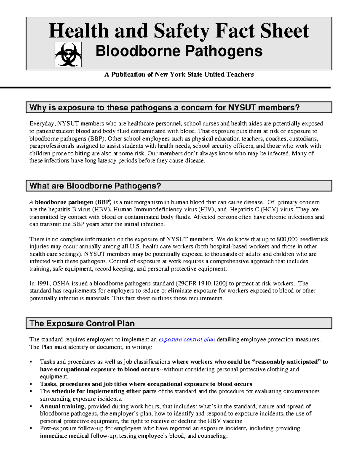 3d Bloodborne Pathogens Nysut - Health and Safety Fact Sheet Bloodborne ...