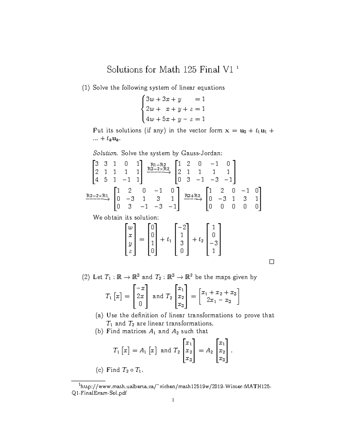2019 Winter MATH125 Q1 Final Exam Sol - Solutions for Math 125 Final V ...