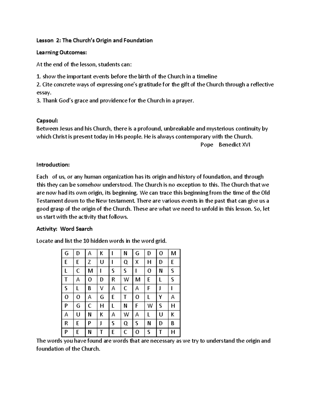 M1 L2 The Churchs origin and Foundation - Lesson 2: The Church’s Origin ...