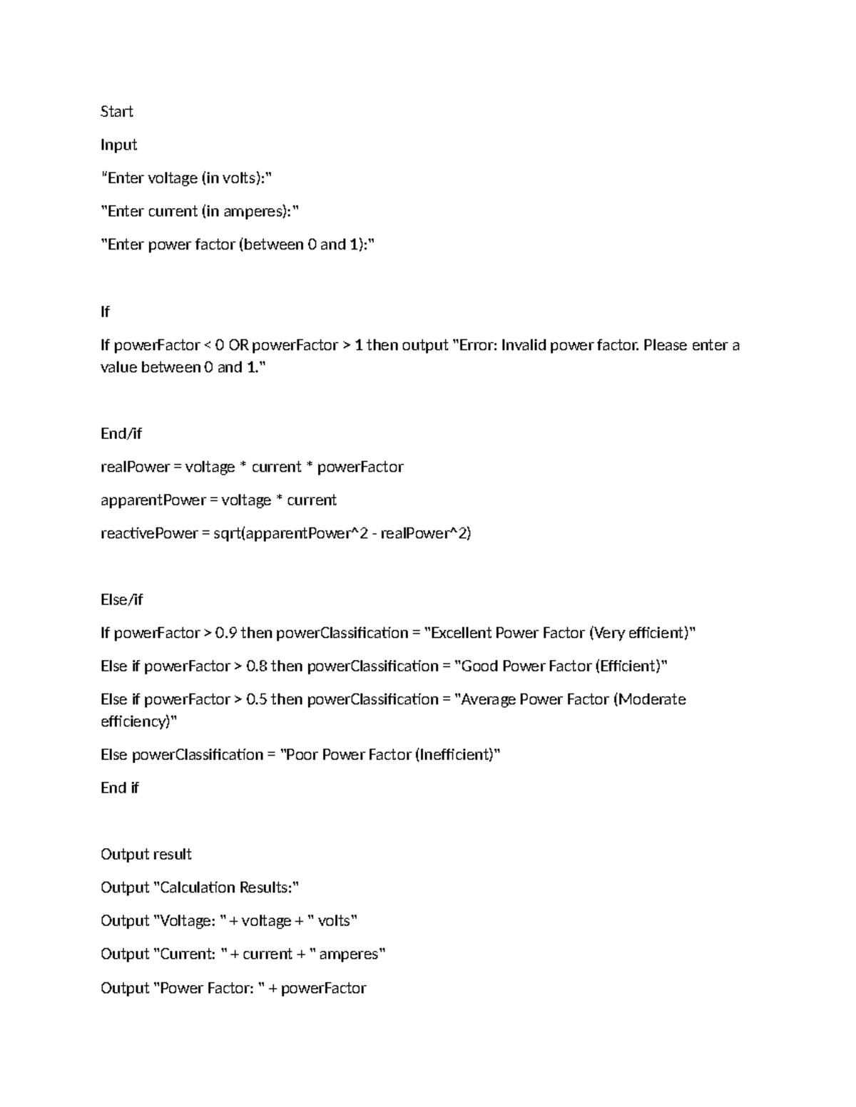 Pseudocode Example Start Input Enter Voltage In Volts Enter