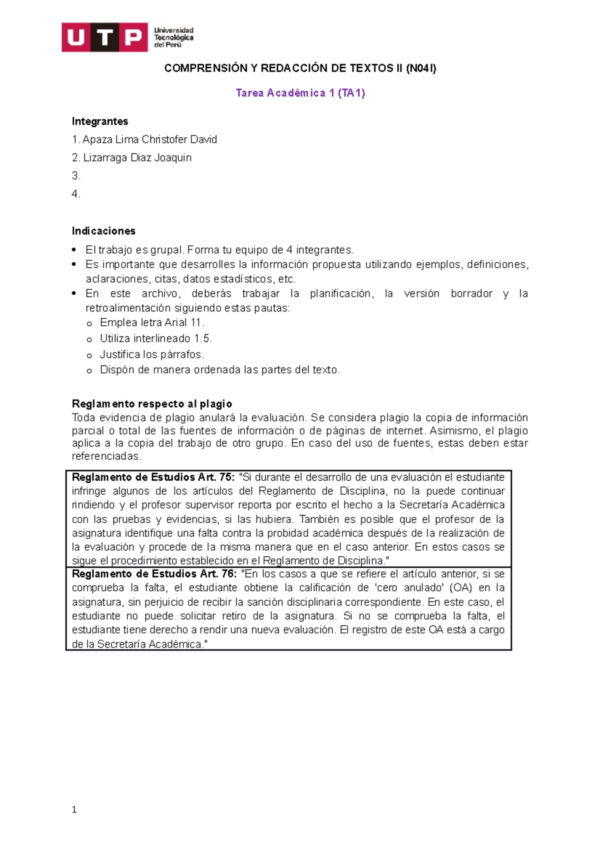 S03 - S04 - Tarea Académica 1 (TA1) formato-1 - COMPRENSIÓN Y REDACCIÓN DE TEXTOS II (N04I ...