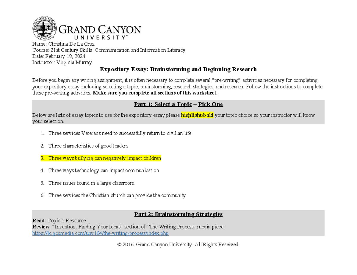 Brainstorming and Beginning Research Worksheet - Name: Christina De La ...