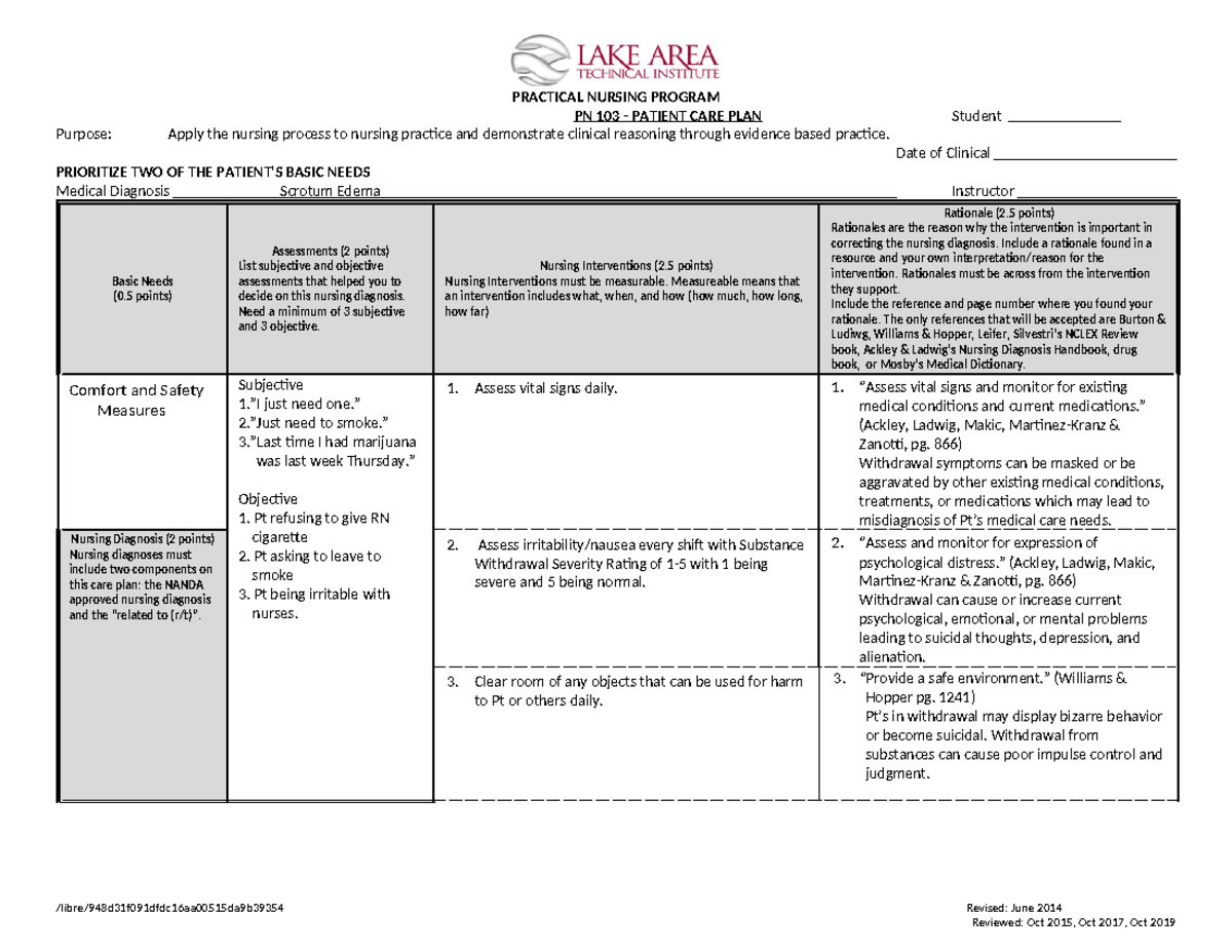 Care Plan Form FA17-1 (1) Rebekah Lawrence - PRACTICAL NURSING PROGRAM ...