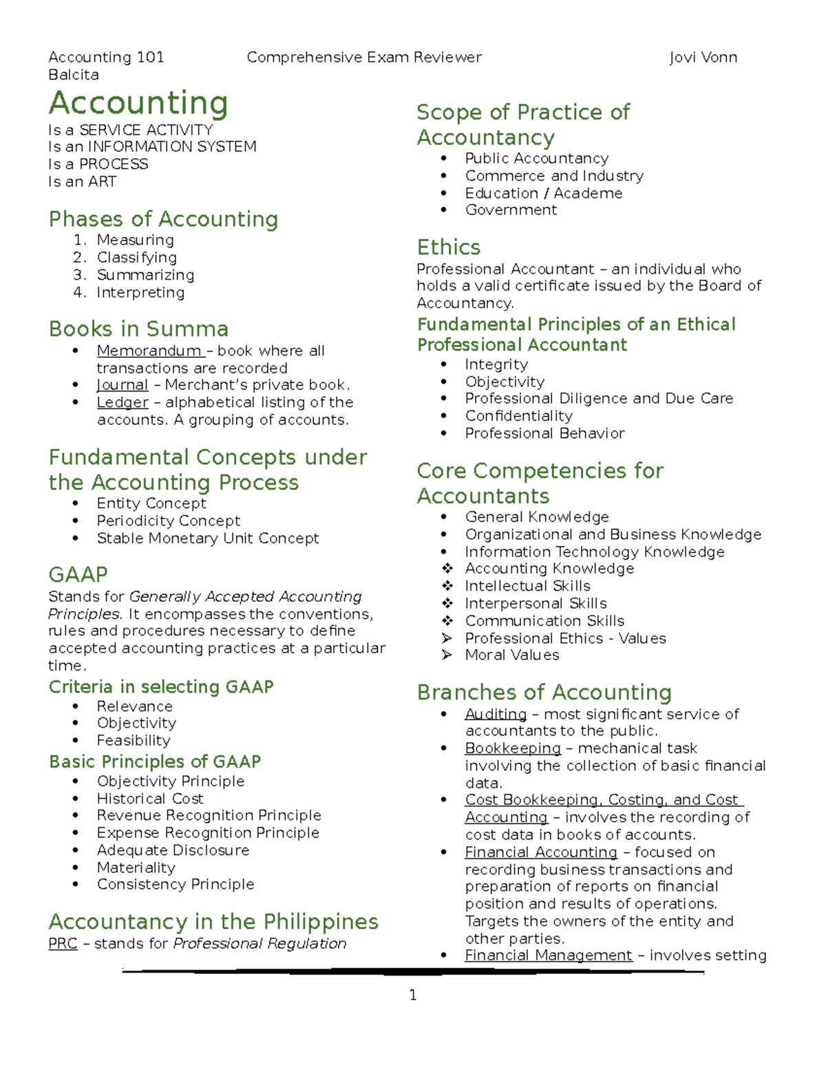 Accounting 101 Comprehensive Exam Review - Balcita Accounting Is a ...