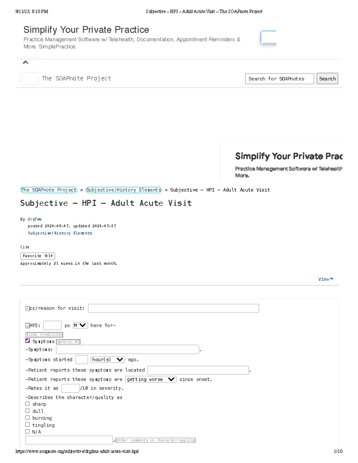Subjective – HPI – Adult Acute Visit – The SOAPnote Project - View The ...