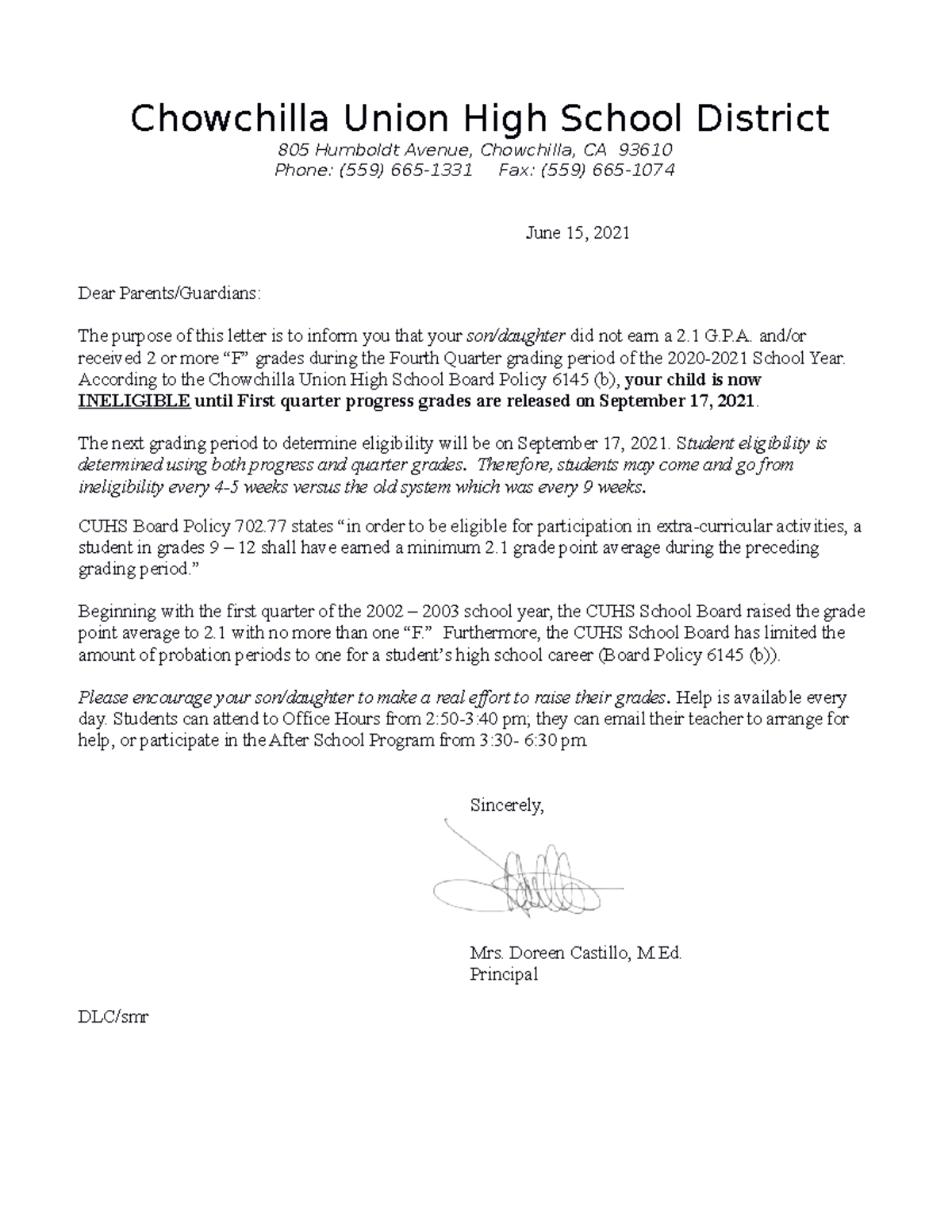 Ineligible Progress Letter Generic Distance Learning - Chowchilla Union ...