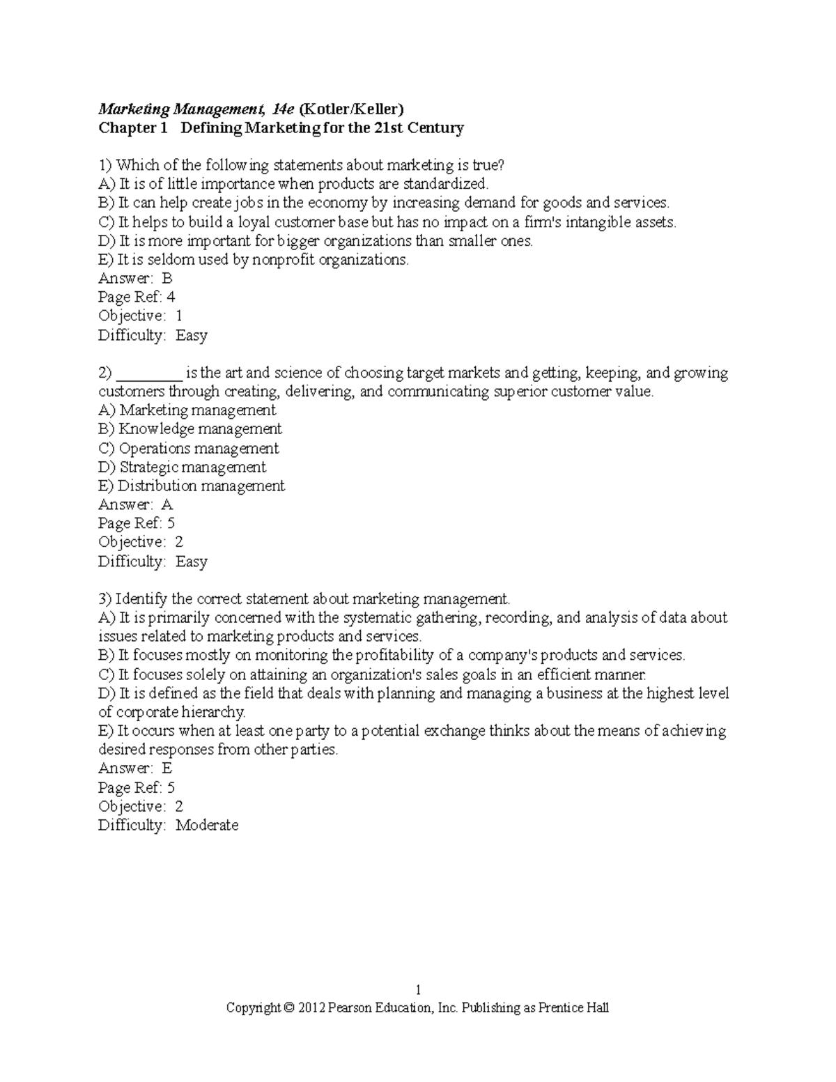 Chapter-1 - Test Bank - Marketing Management, 14e (Kotler/Keller ...