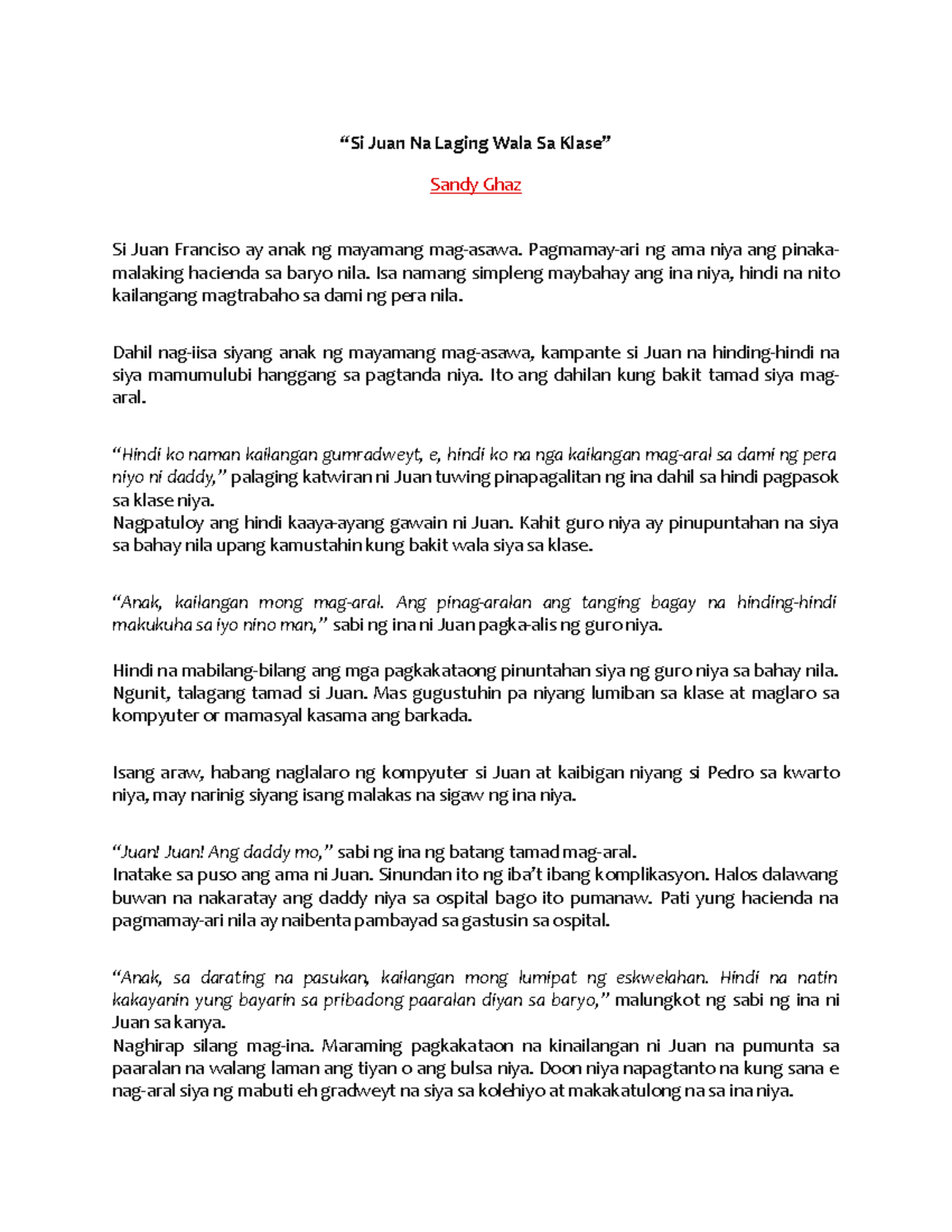 Piyesa-Madamdaming Pagbasa - “Si Juan Na Laging Wala Sa Klase” Sandy ...
