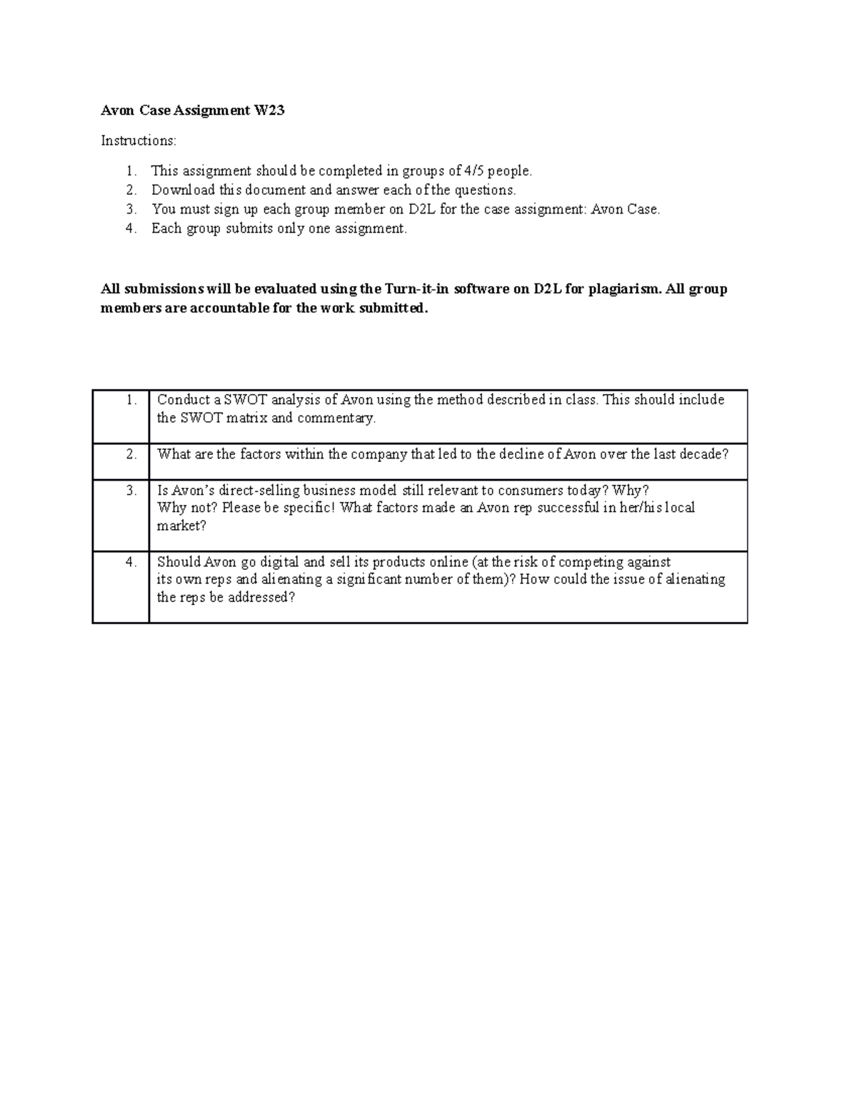 Avon Case Study - Avon Case Assignment W Instructions: This assignment should be completed in ...