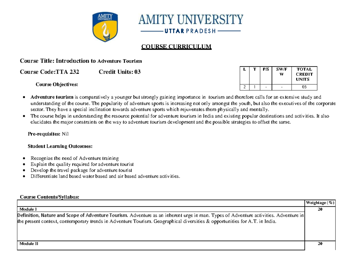 Adventure Tourism Syllabus - COURSE CURRICULUM Course Title ...