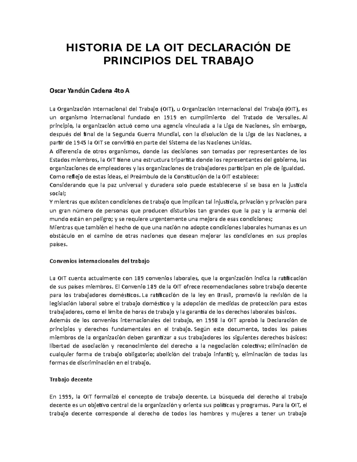Historia DE LA OIT Declaración DE Principios DEL Trabajo Oscar Yandún ...