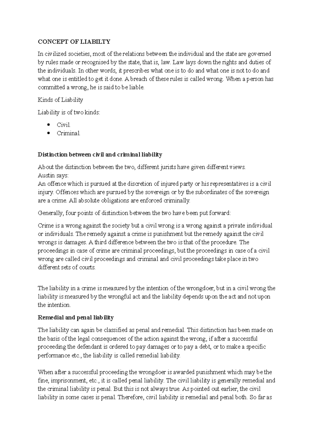 Concept OF Liabilty 6TH SEM Juris - CONCEPT OF LIABILTY In civilized ...
