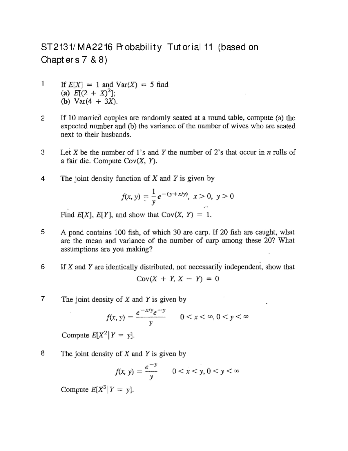 ST2131 Tutorial 11 - ST2131 - ST2131/MA2216 Probability Tutorial 11 (based onChapters 7 & 8) 1 2 ...