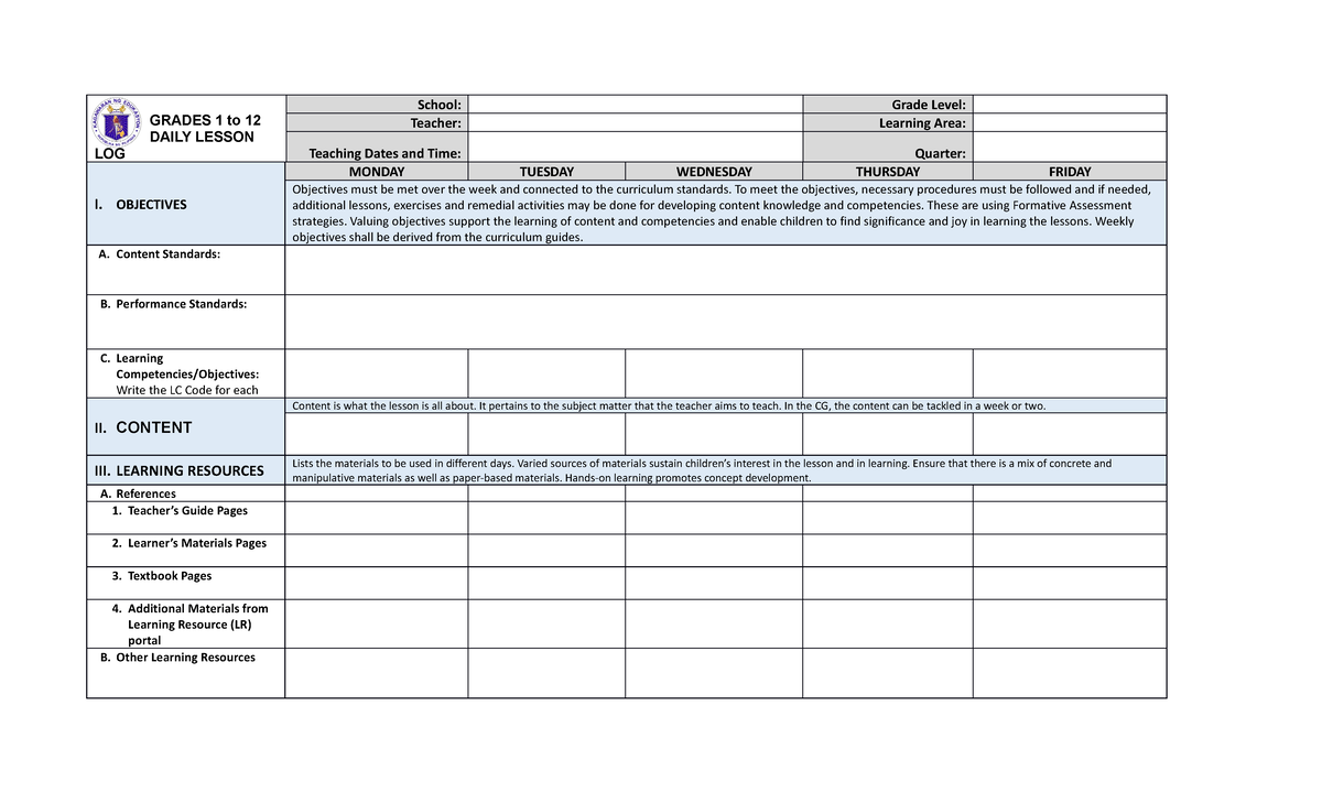 DLL-Template - Latest template - GRADES 1 to 12 DAILY LESSON LOG School ...