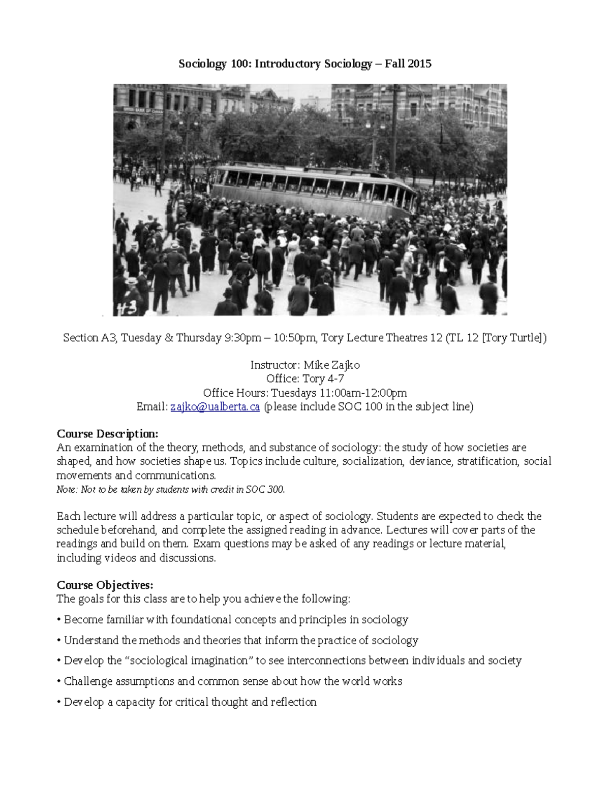 Course Syllabus - Sociology 100: Introductory Sociology – Fall 2015 ...