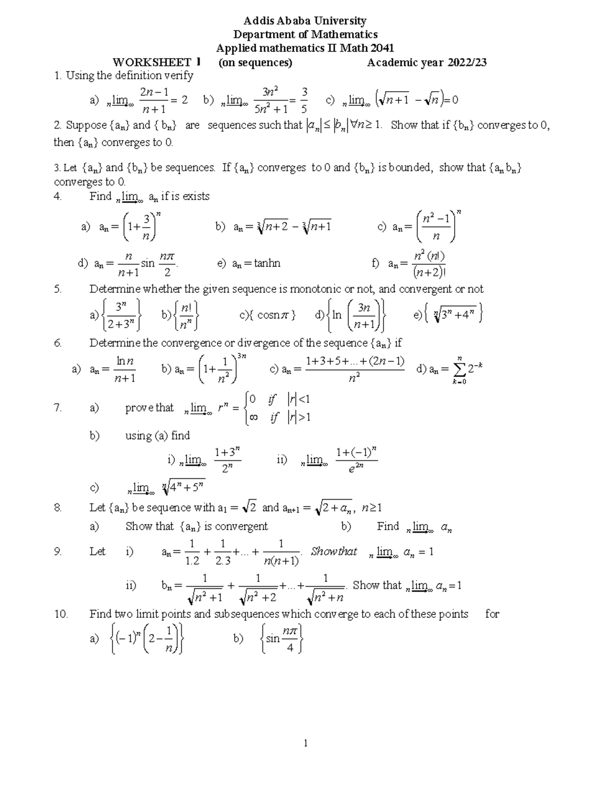 Worksheet on sequences and series - Addis Ababa University Department of Mathematics Applied ...
