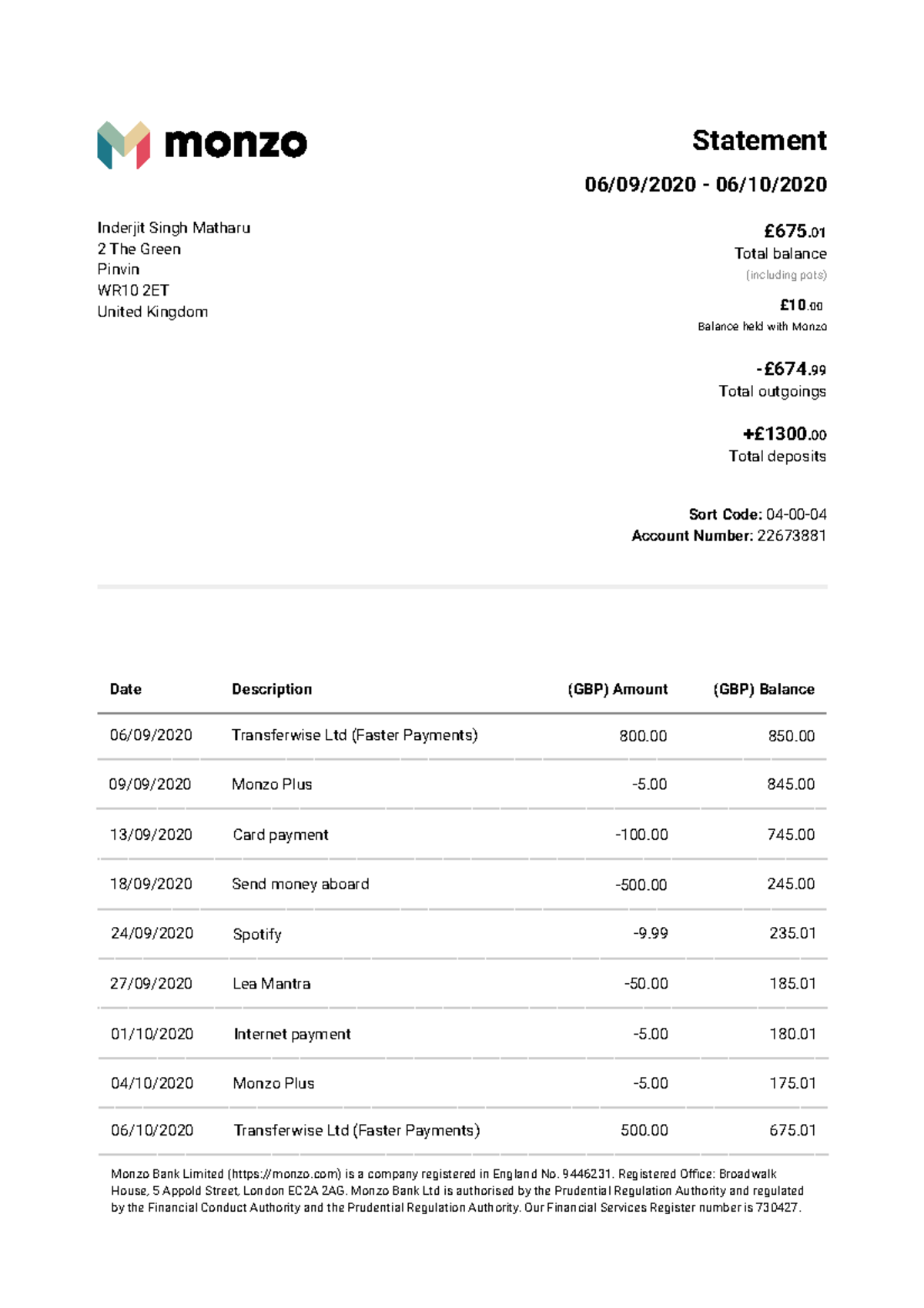 Monzo - Statement 06/09/2020 - 06/10/ Inderjit Singh Matharu2 The Green ...