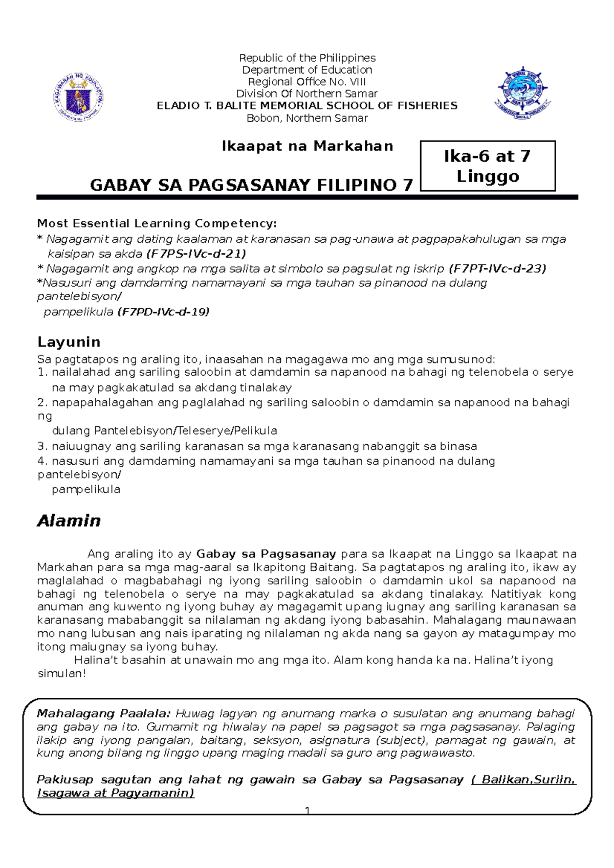 LAG 6TH WEEK - must be helpful - Republic of the Philippines Department ...