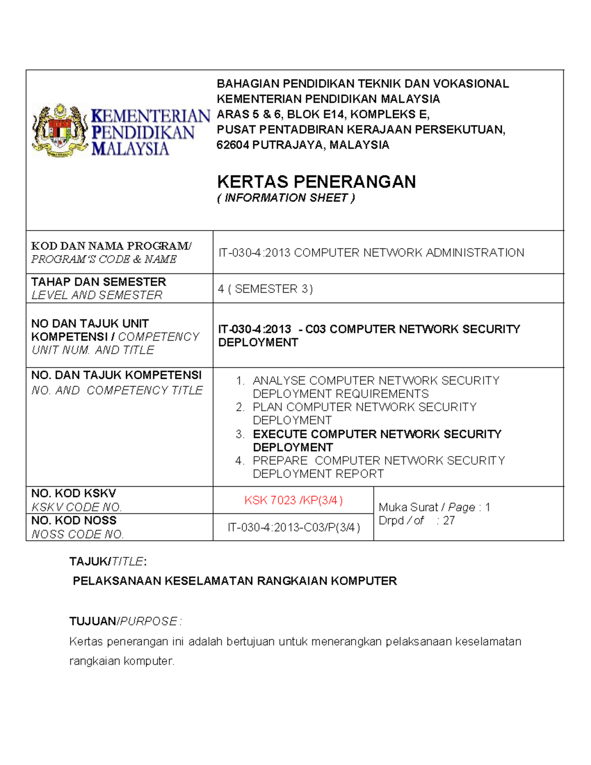 Kertas Penerangan Kompetensi 3 - KOD DAN NAMA PROGRAM/ PROGRAM‘S CODE ...