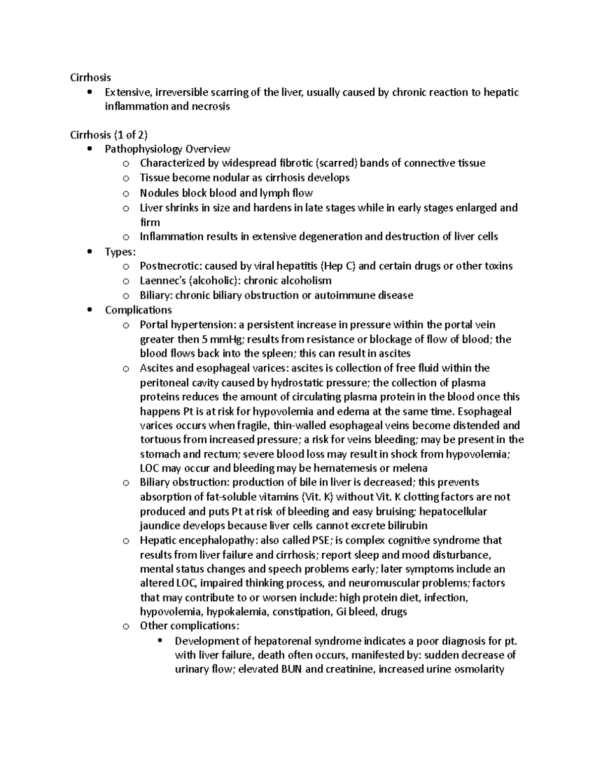 Cirrhosis Notes - note - Cirrhosis Extensive, irreversible scarring of ...
