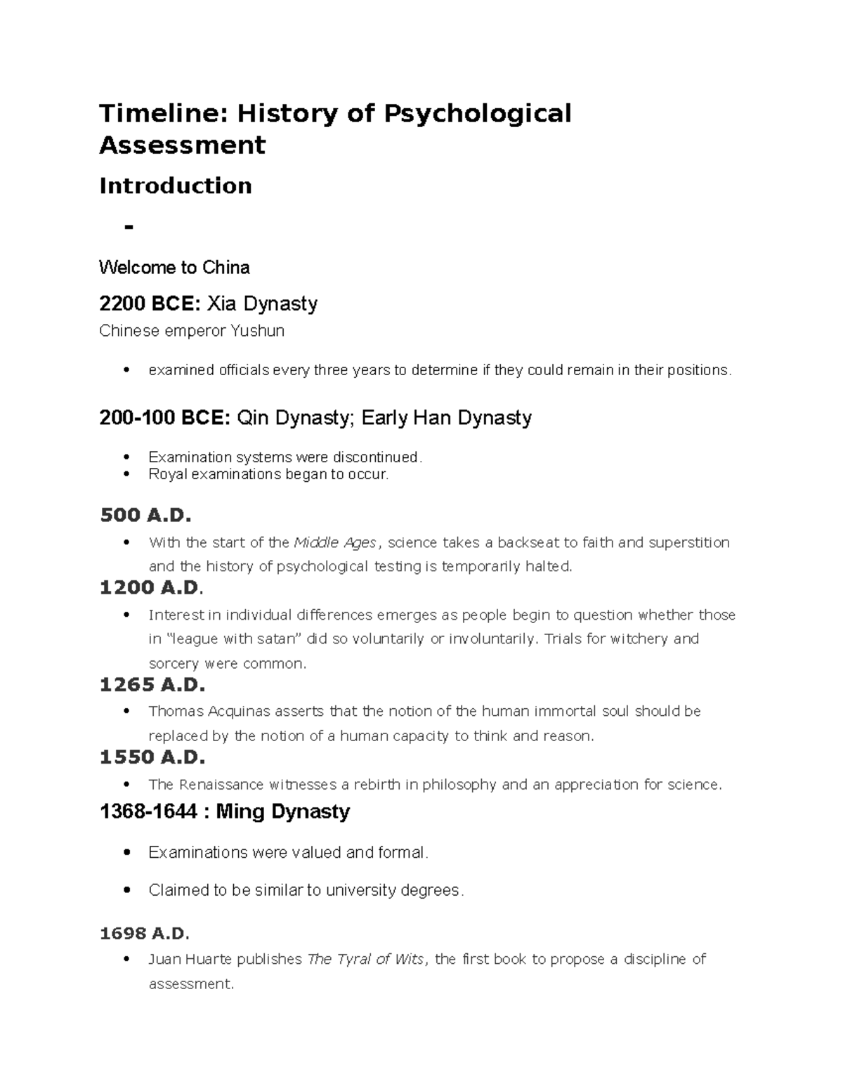 Timeline 2.0 docx - Timeline: History of Psychological Assessment ...