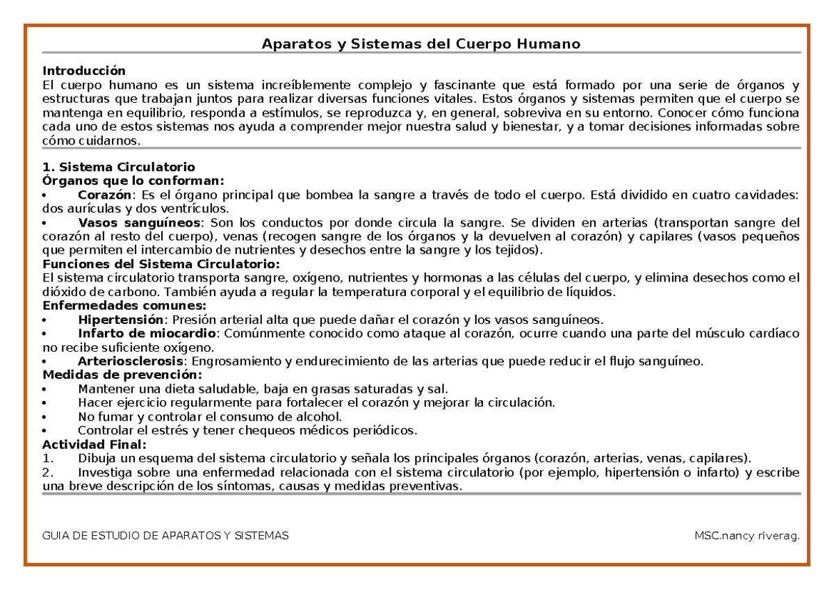 GUIA DE Aparatos Y Sistemas - Aparatos y Sistemas del Cuerpo Humano ...