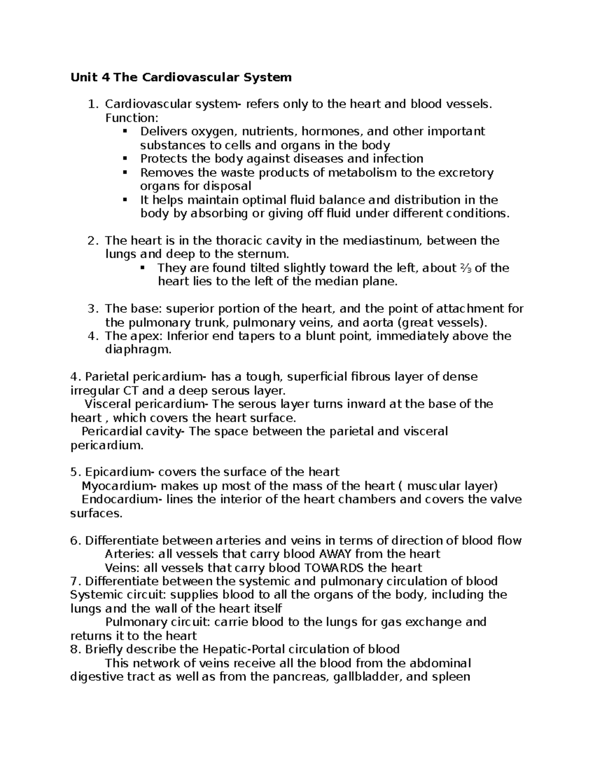 Unit 4, 5, 6, 7, 8 - Unit 4 The Cardiovascular System 1. Cardiovascular ...