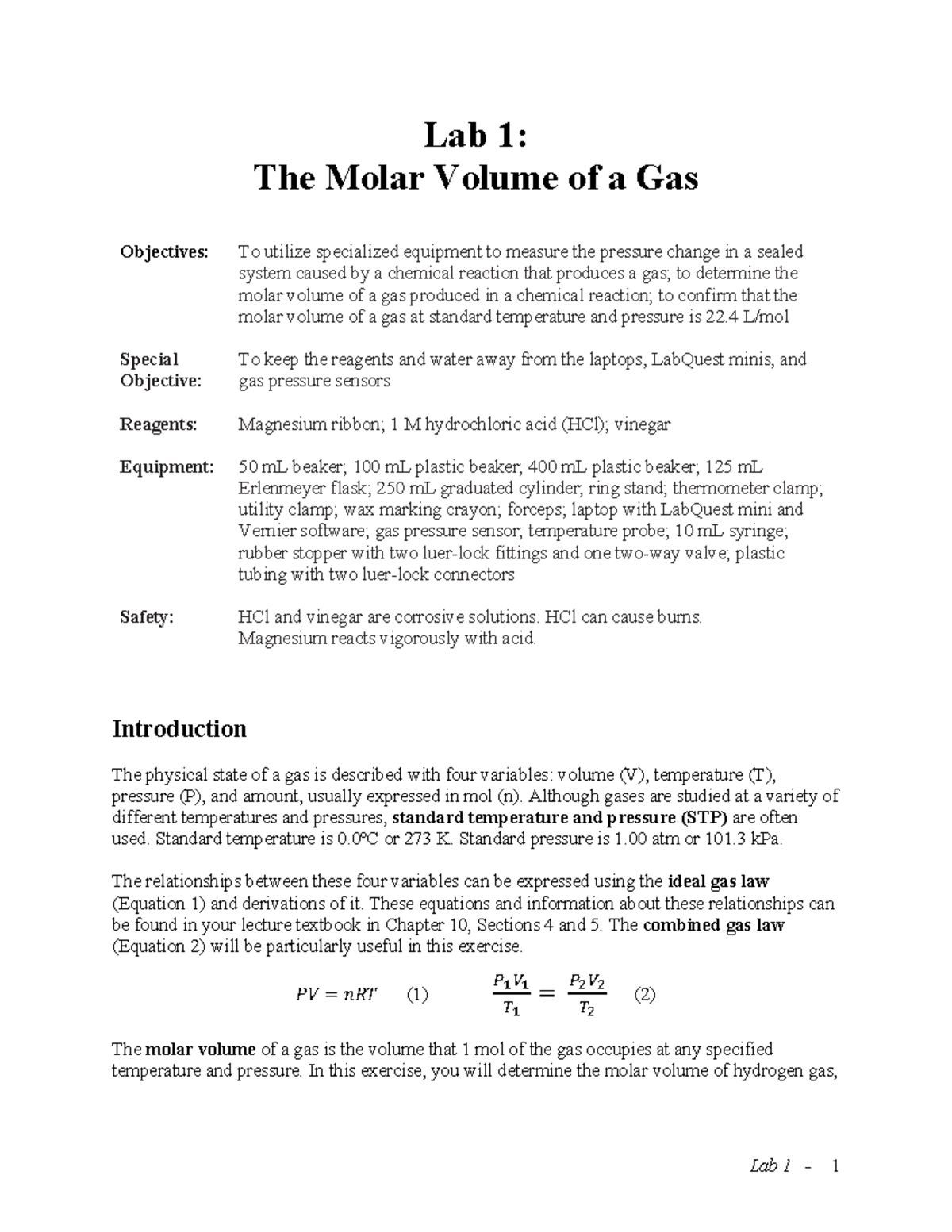 Lab 1 - The Molar Volume of a Gas - Lab 1 : The Molar Volume of a Gas ...