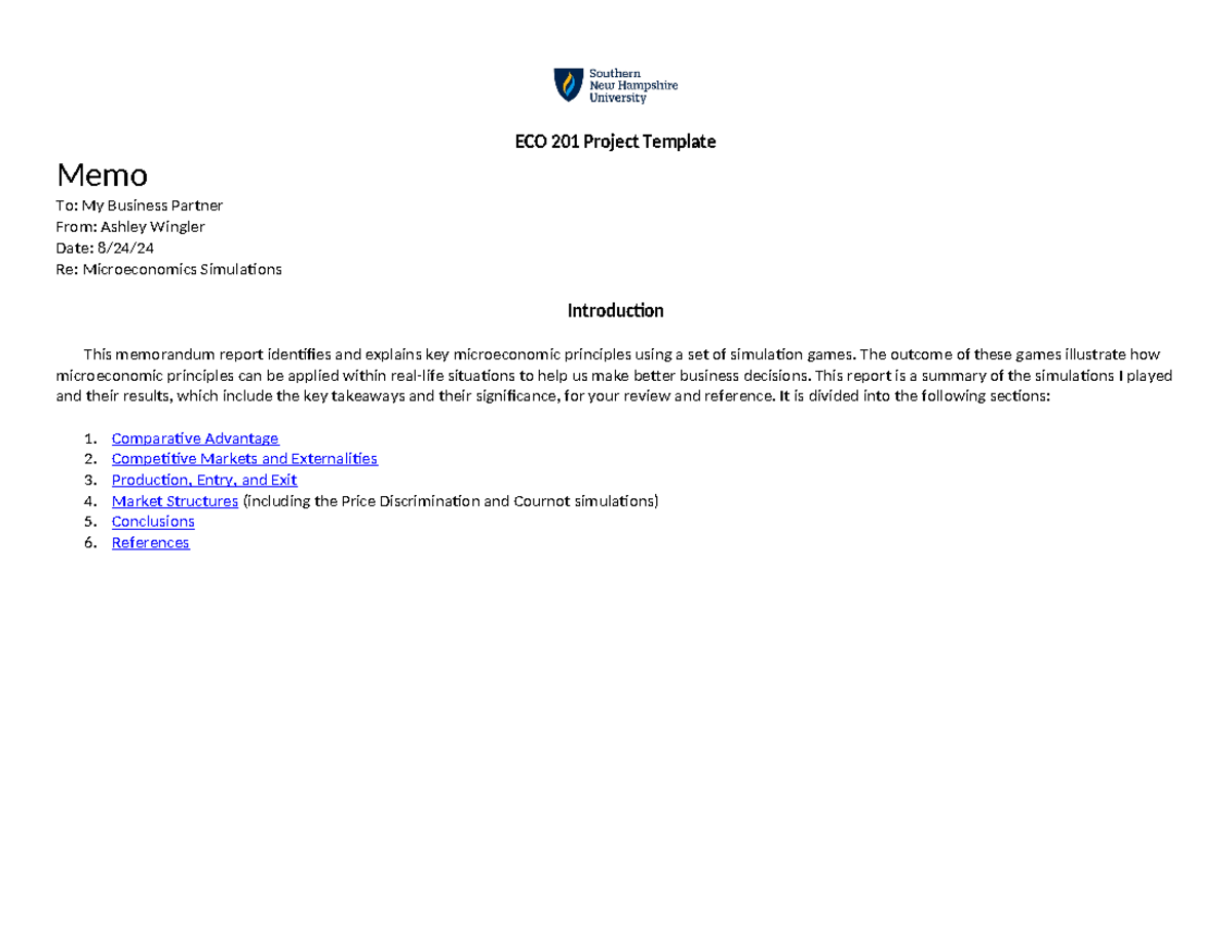 ECO 201 Project Template - ECO 201 Project Template Memo To: My ...