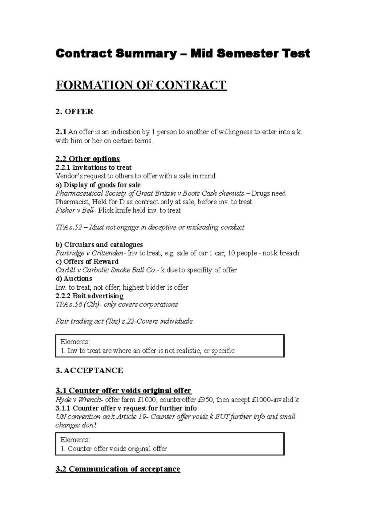 Real contract Summary - Contract Summary Mid Semester Test FORMATION OF ...
