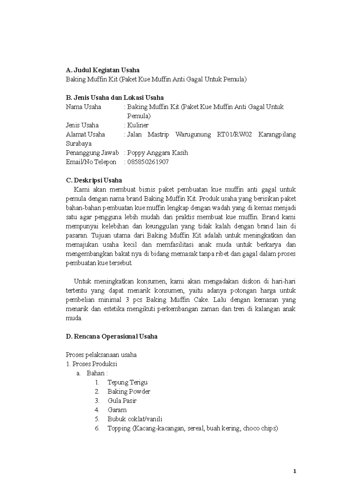 Proposal Kel 6 Baking Muffin Kit - A. Judul Kegiatan Usaha Baking ...