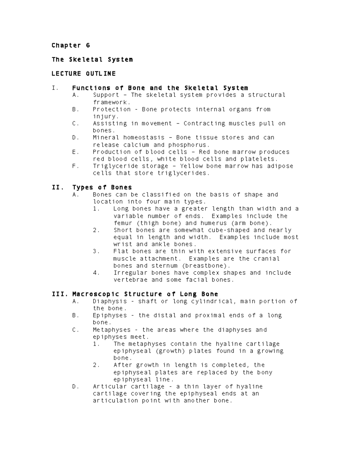 Skeletal System (Lecture Outline) - Chapter 6 The Skeletal System ...