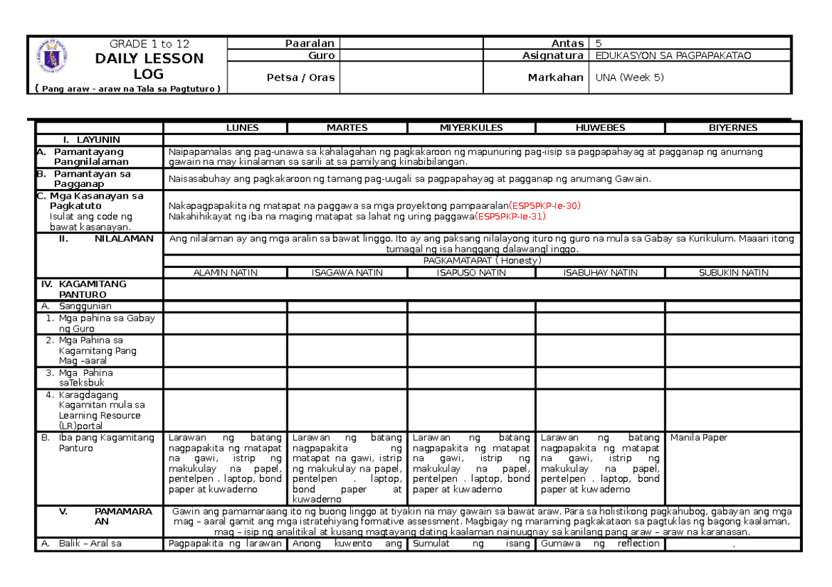 DLL-ESP-W5 - aaaa - GRADE 1 to 12 DAILY LESSON LOG ( Pang araw – araw ...