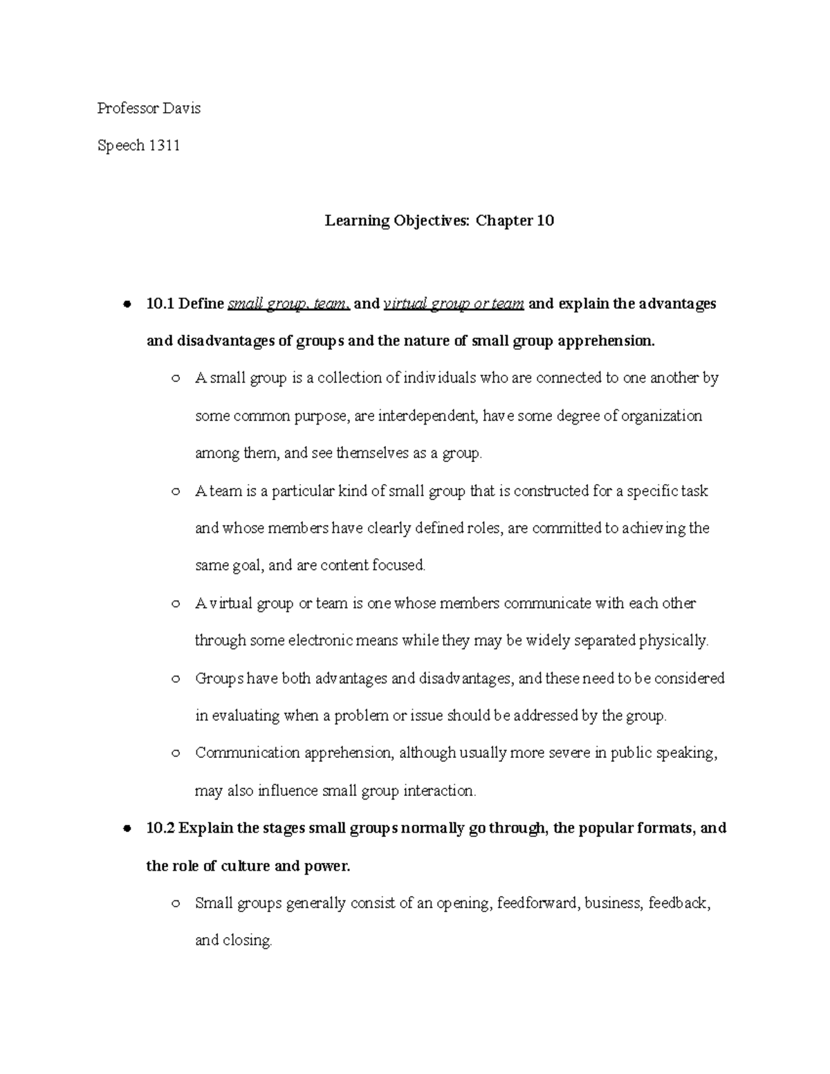 Learning Objectives Chapter 10 - Professor Davis Speech 1311 Learning ...