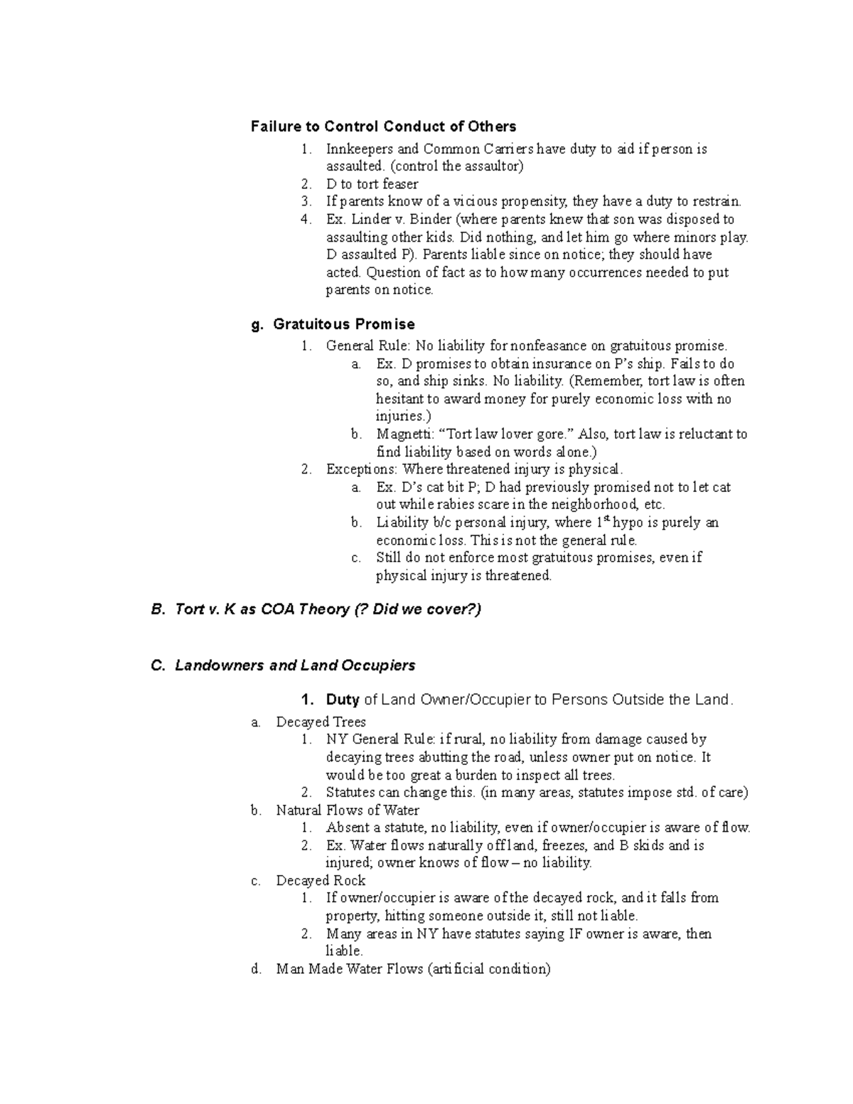 Torts Law Outline - 2 - Failure to Control Conduct of Others 1 ...
