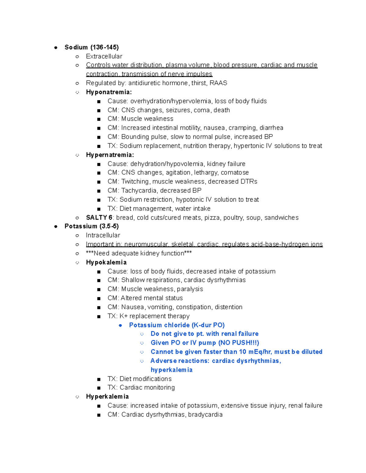 Electrolytes - Basic Medical Surgical Nursing, Fall 2019 at SSC ...