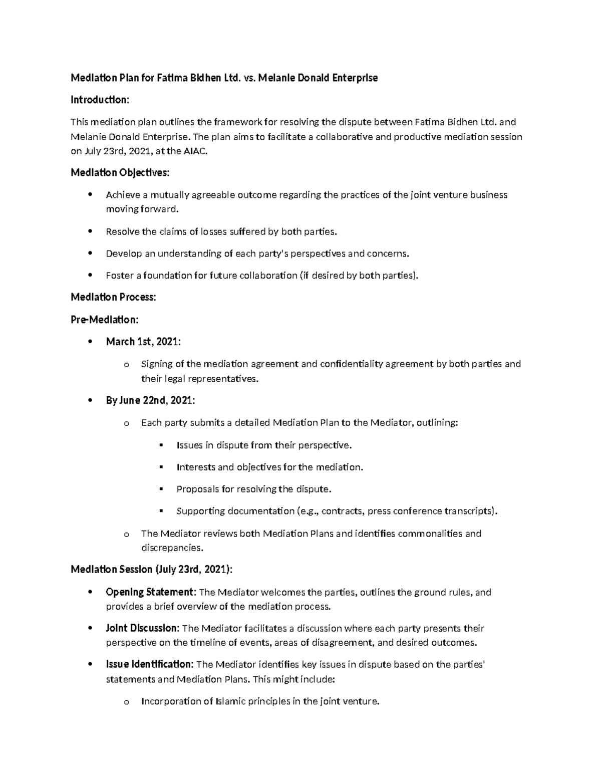 Mediation Plan for Fatima Bidhen Ltd 2 - vs. Melanie Donald Enterprise ...