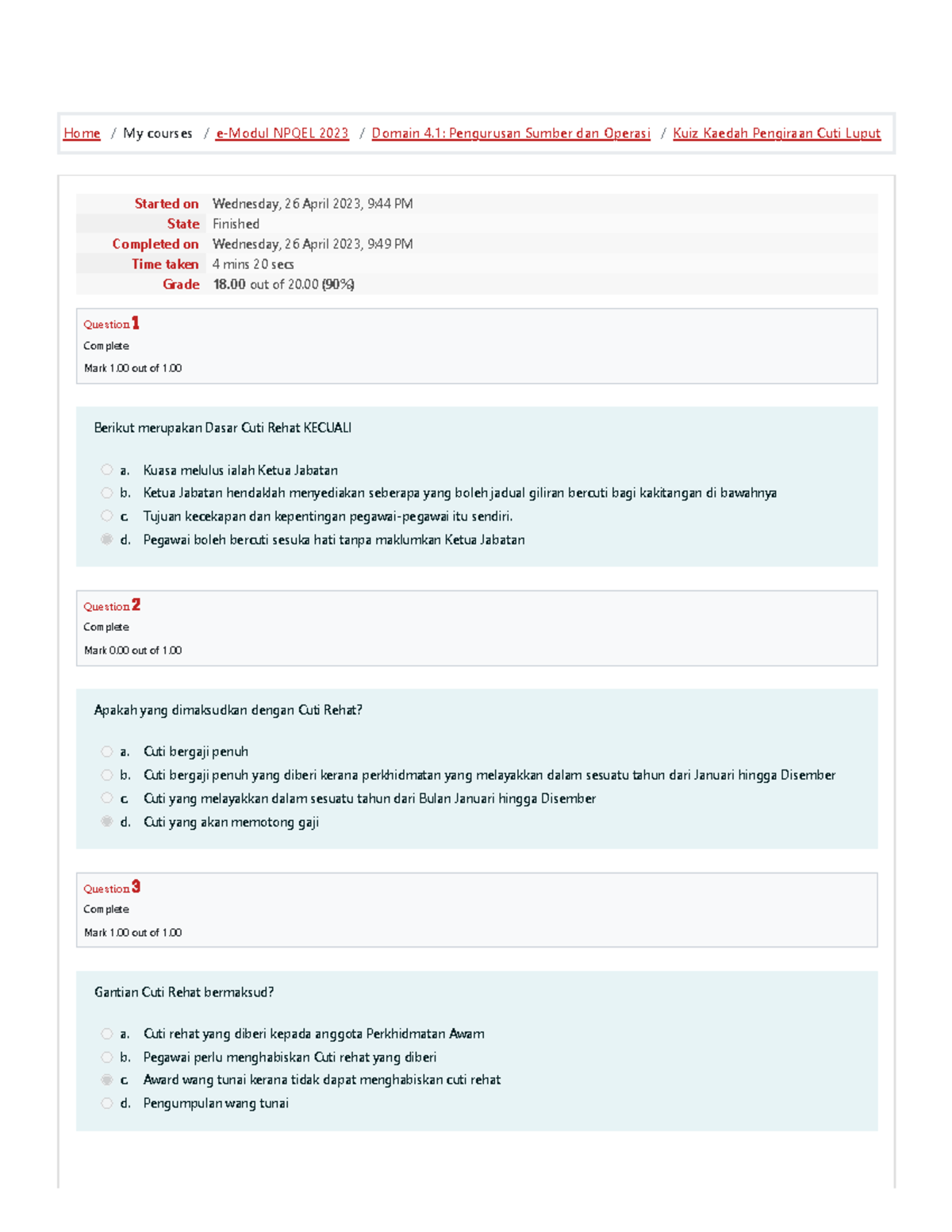 Kuiz Kaedah Pengiraan Cuti Luput Attempt review - Home / My courses / e-Modul NPQEL 2023 ...