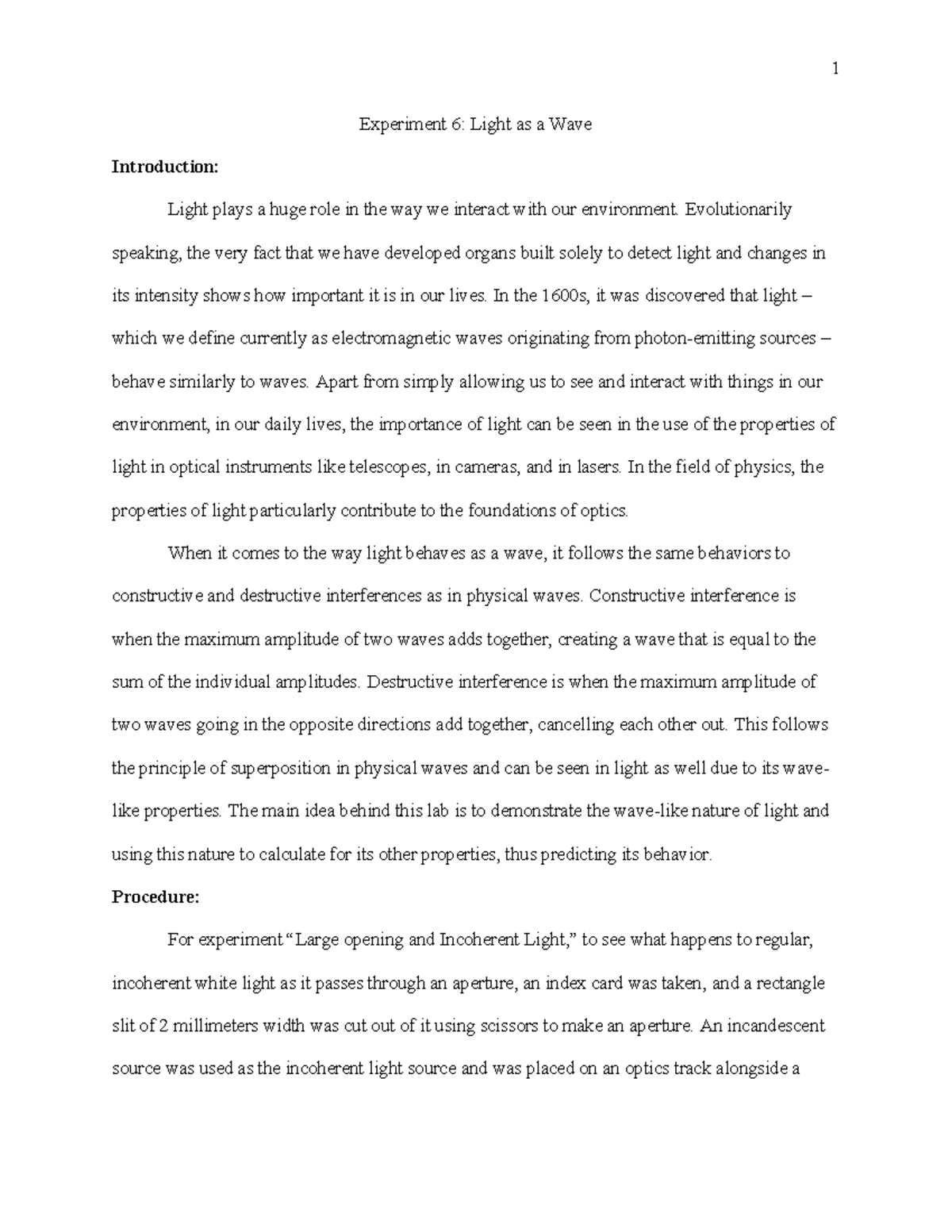 Lab Report 6 - Light as a Wave Lab Report - Experiment 6: Light as a ...