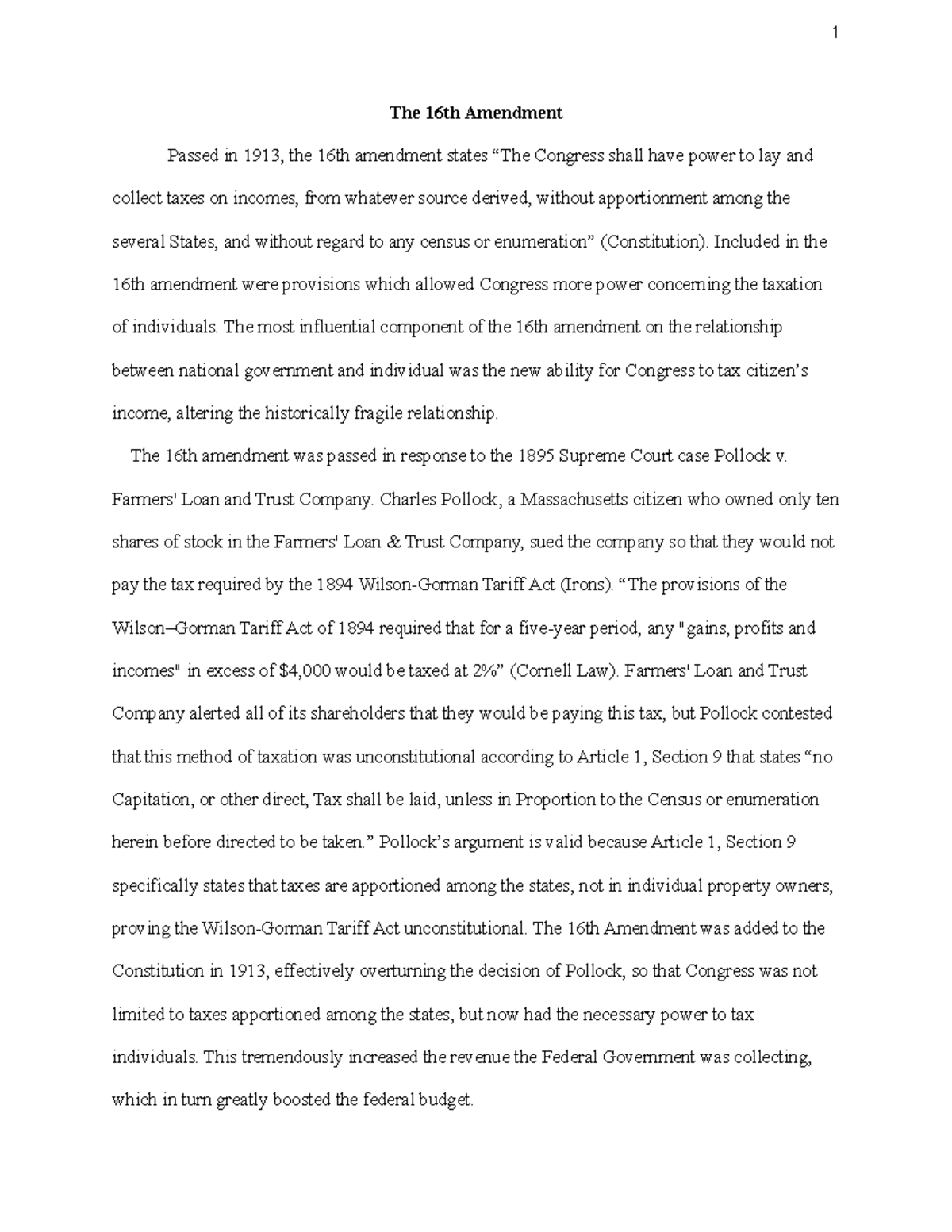 16th Amednment Paper Poli Sci - 1 The 16th Amendment Passed in 1913 ...