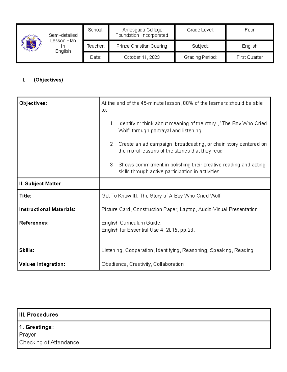 English Lesson Plan - Semi-detailed Lesson Plan In English School ...