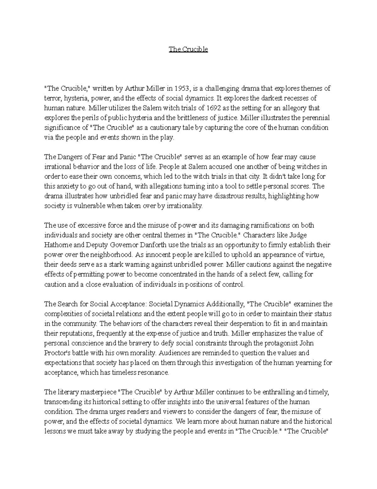 Crucible essay - The Crucible "The Crucible," written by Arthur Miller ...
