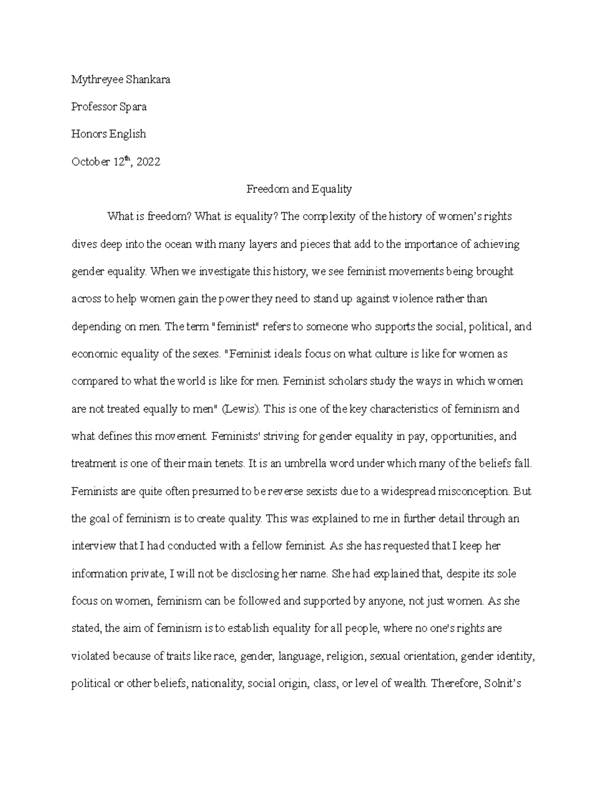 Equality - Essay Example - Mythreyee Shankara Professor Spara Honors ...