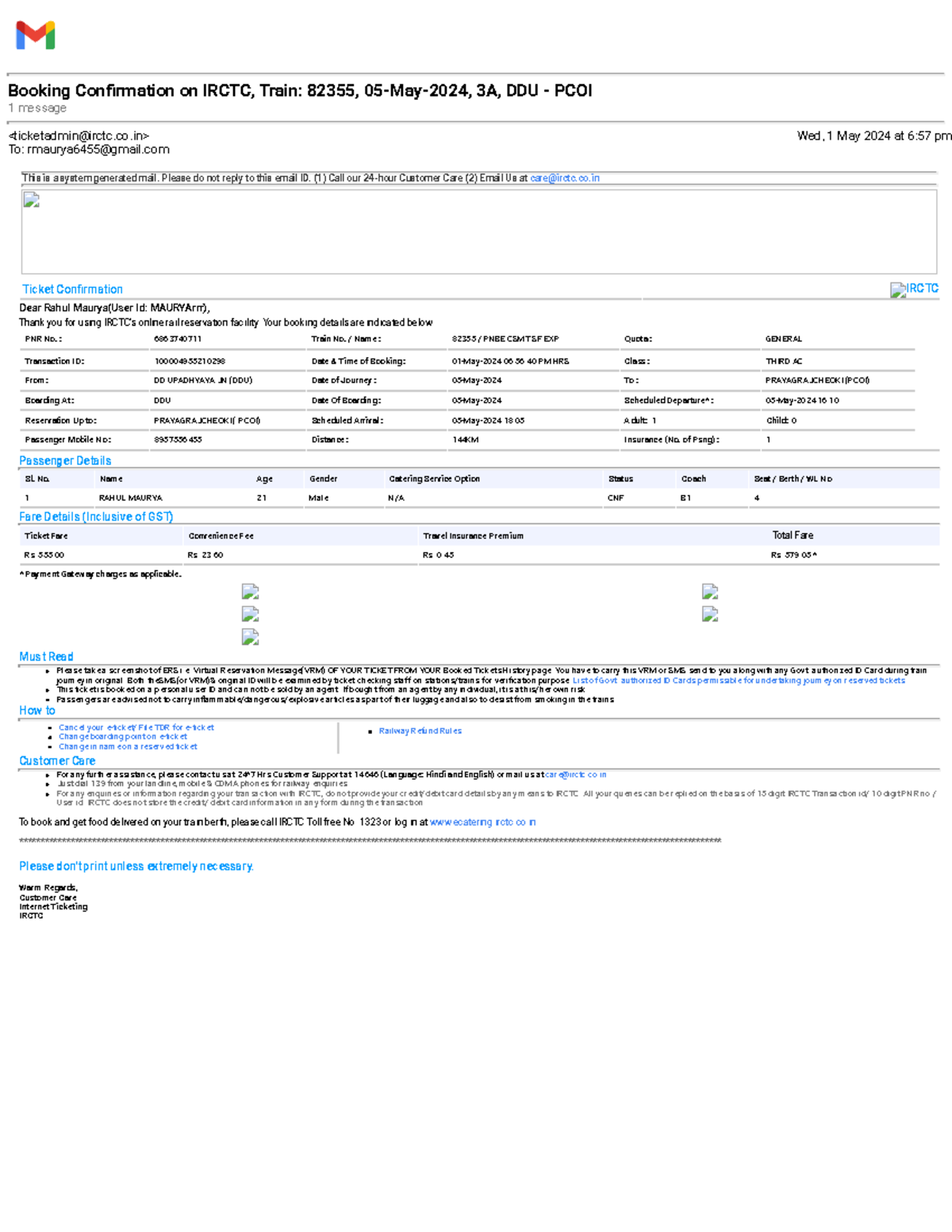Ticket - IRCTC Booking Confirmation on IRCTC, Train: 82355, 05-May-2024 ...