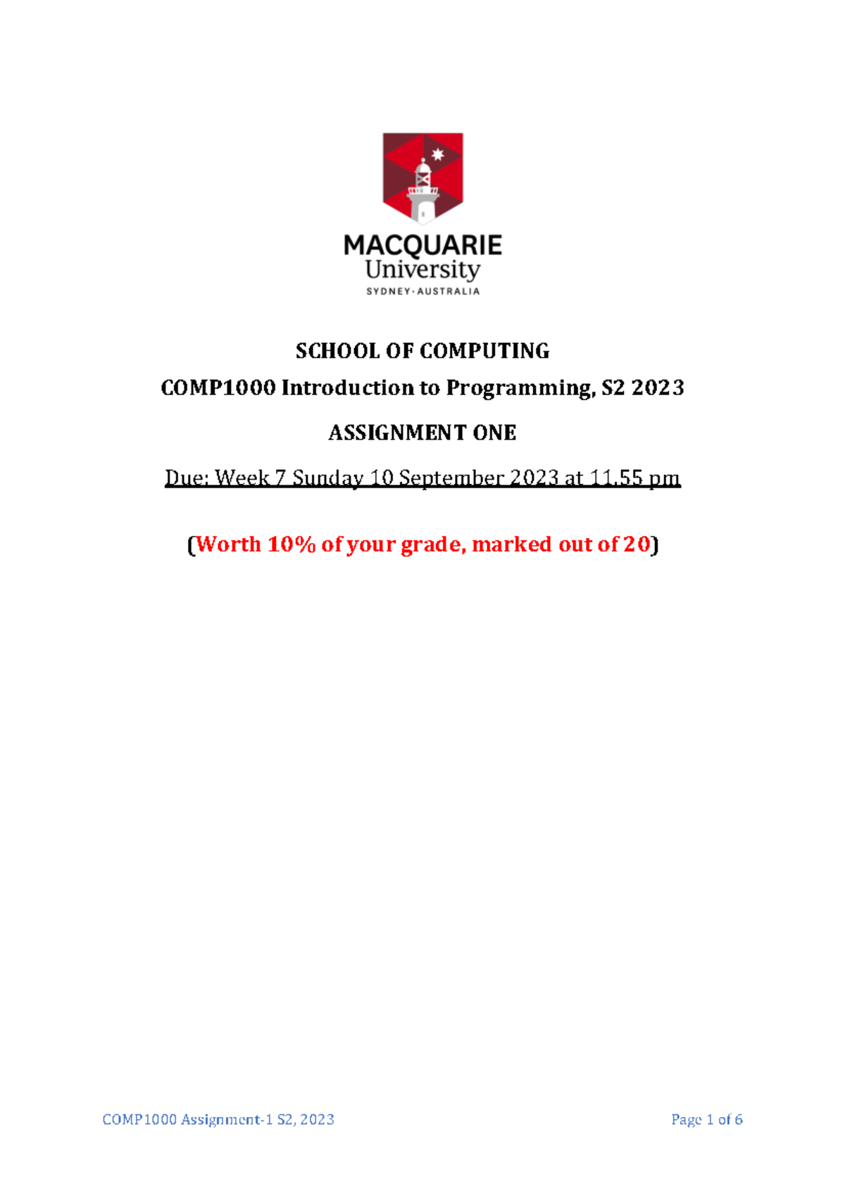 COMP1000 A1 - DSHAJK - SCHOOL OF COMPUTING COMP1000 Introduction to Programming, S2 2023 ...