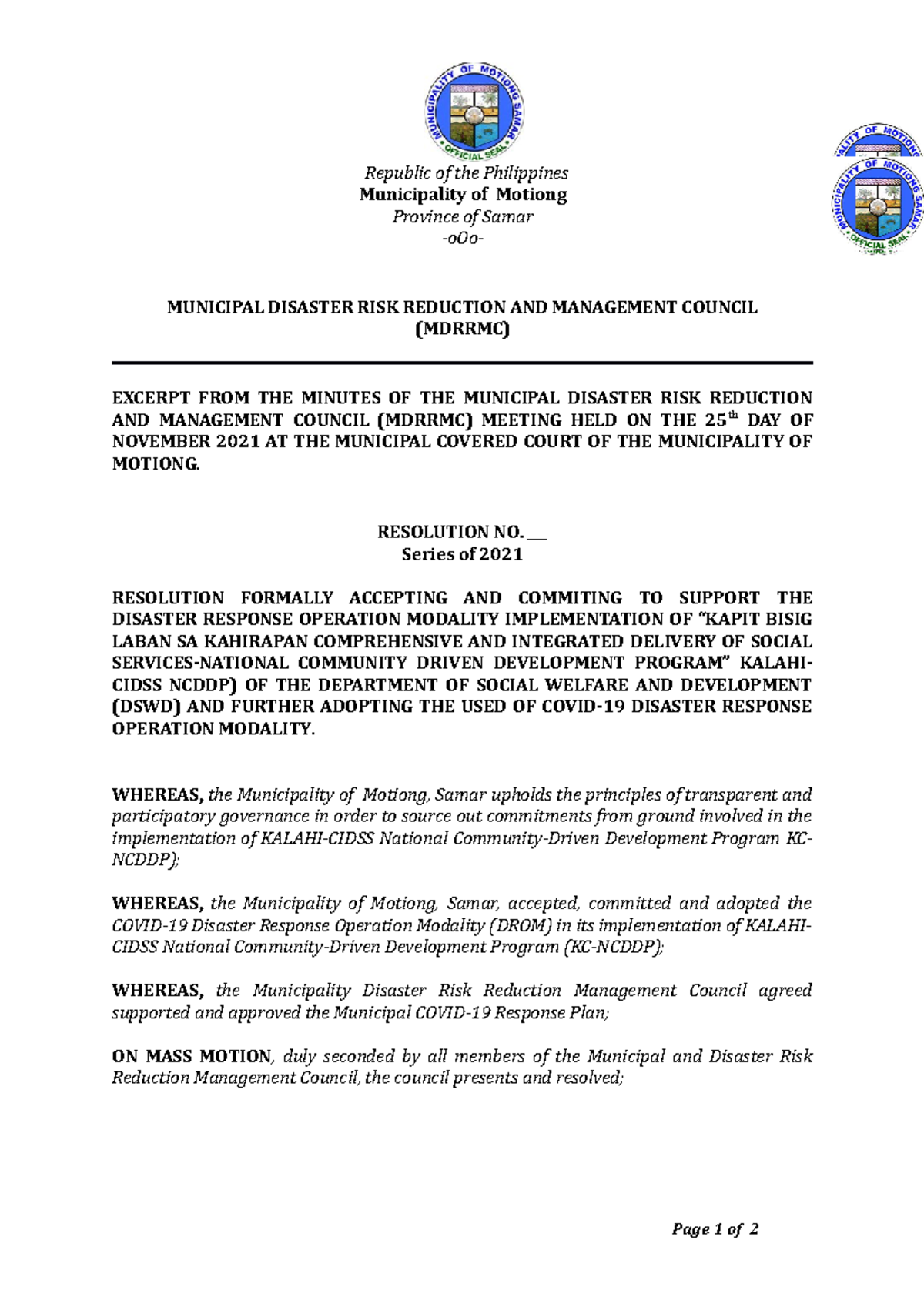 Mdrrmc RESO (accepting & endorsing KC-AF) - Republic of the Philippines ...